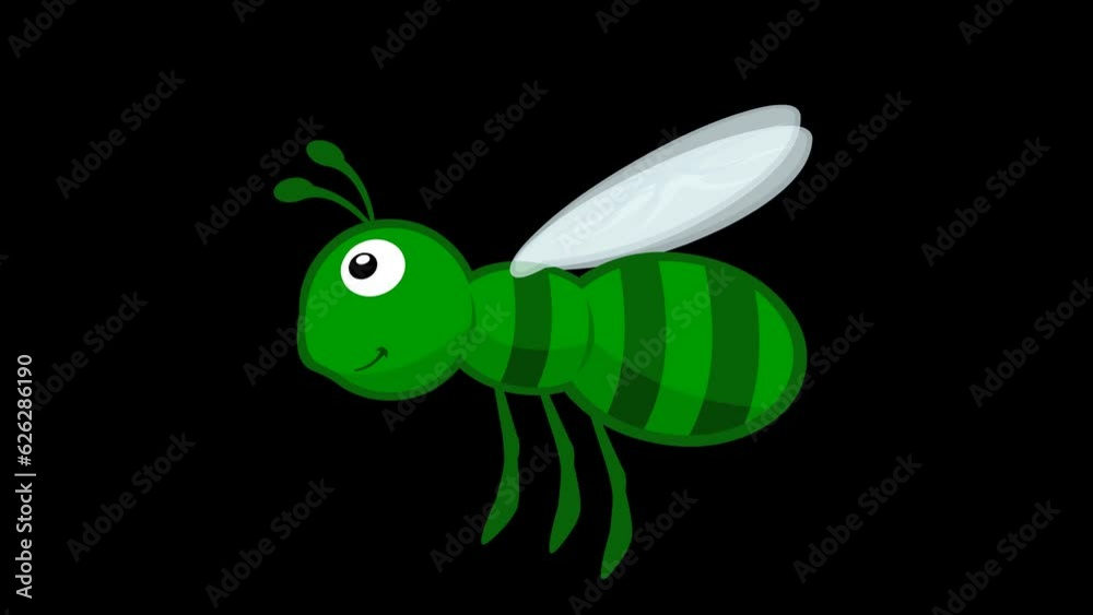 video animation of a cartoon firefly, moving the wings and with the ...
