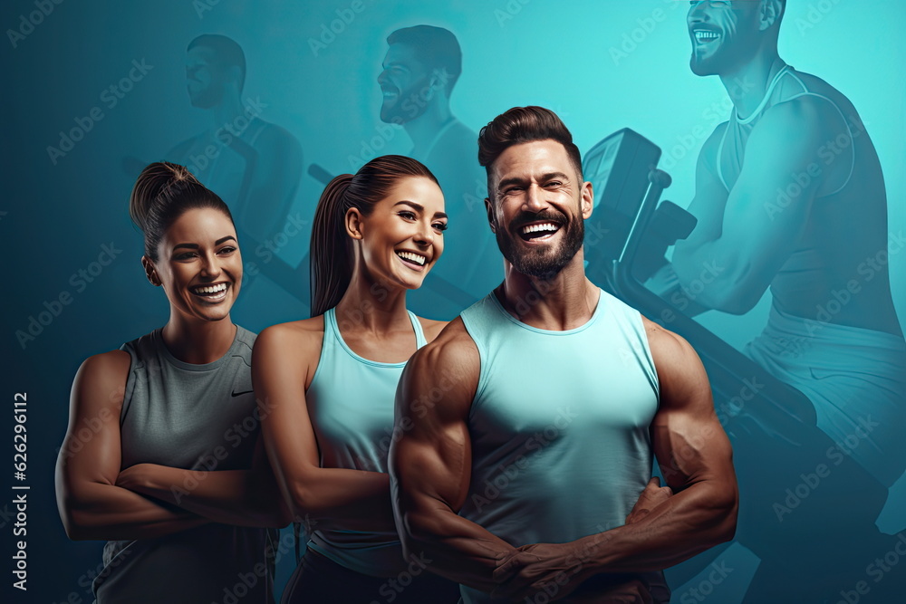 couple flexing their muscles, working out in gym, health and wellness ...