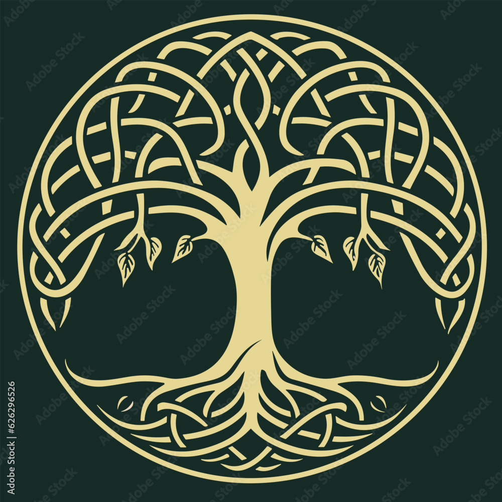 Celtic tree of life with roots, Vector ornament isolated on white background, circle and tree on ...