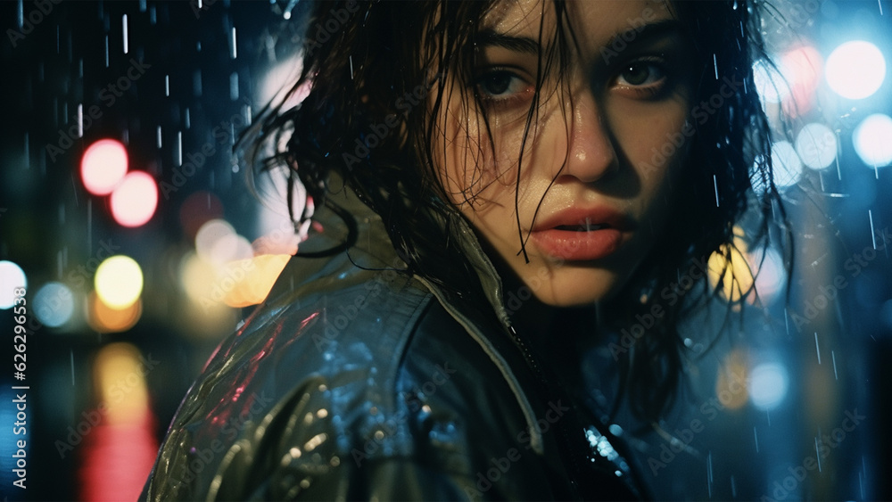 Portrait of a wet woman in the rain under the street light Stock Photo ...