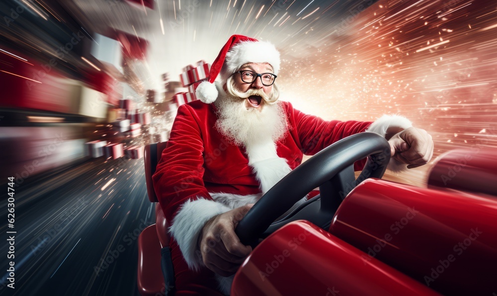 Speed driving santa claus going to deliver christmas present in rush ...