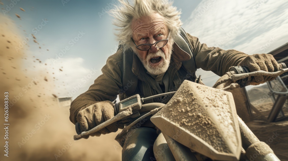 old man ride motocross racer accelerating in a dust track. motocross ...