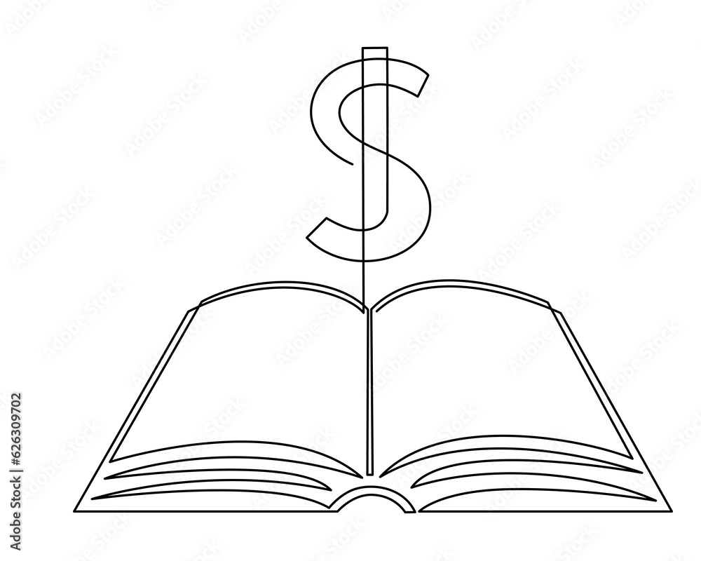Book with dollar sign one line art,hand drawn continuous currency ...