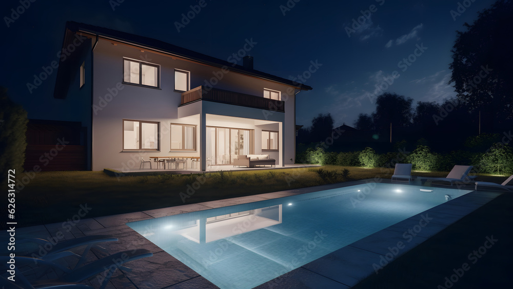 modern luxury house with a swimming pool at night, neural network ...