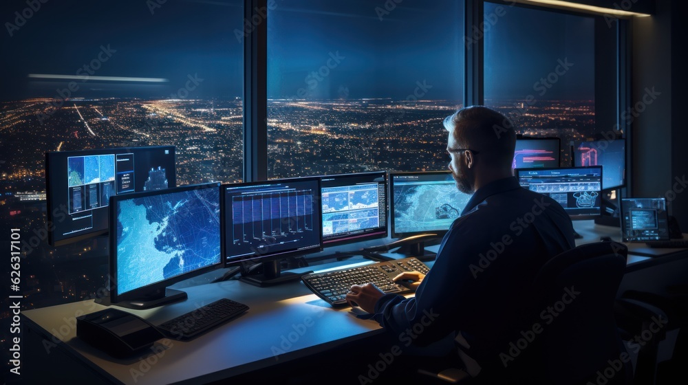 Network operations center ( NOC) with technicians monitoring network traffic, troubleshooting ...