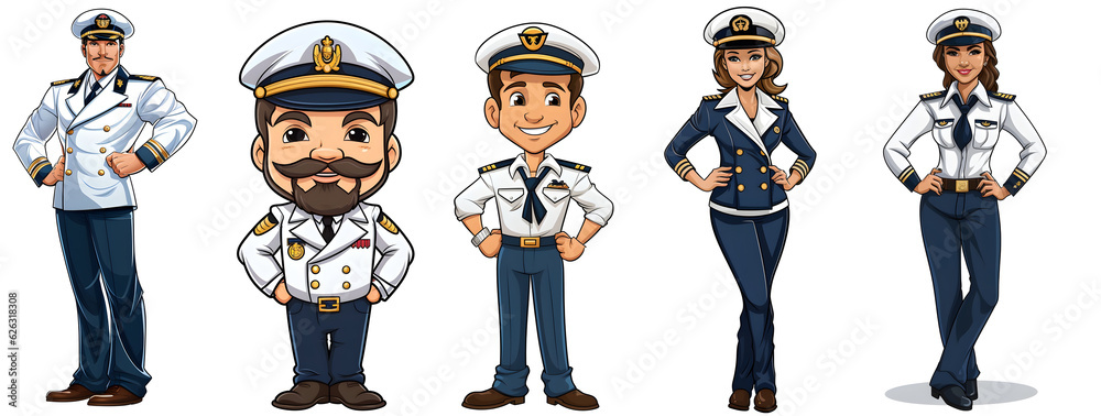A male, female ship captain cartoon clip art in transparent background ...