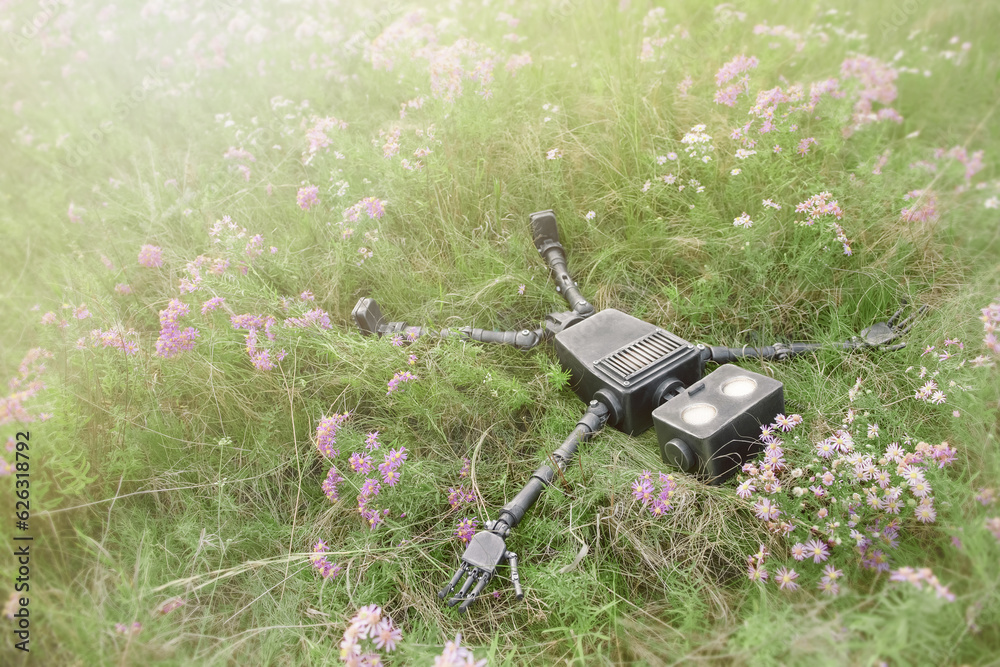 Happy humanoid robot lies on a meadow among wildflowers. Robotic object ...