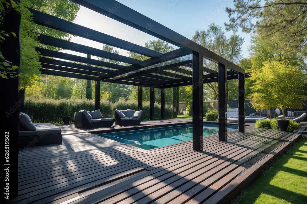 Modern black bio climatic pergola with top view on an outdoor patio ...