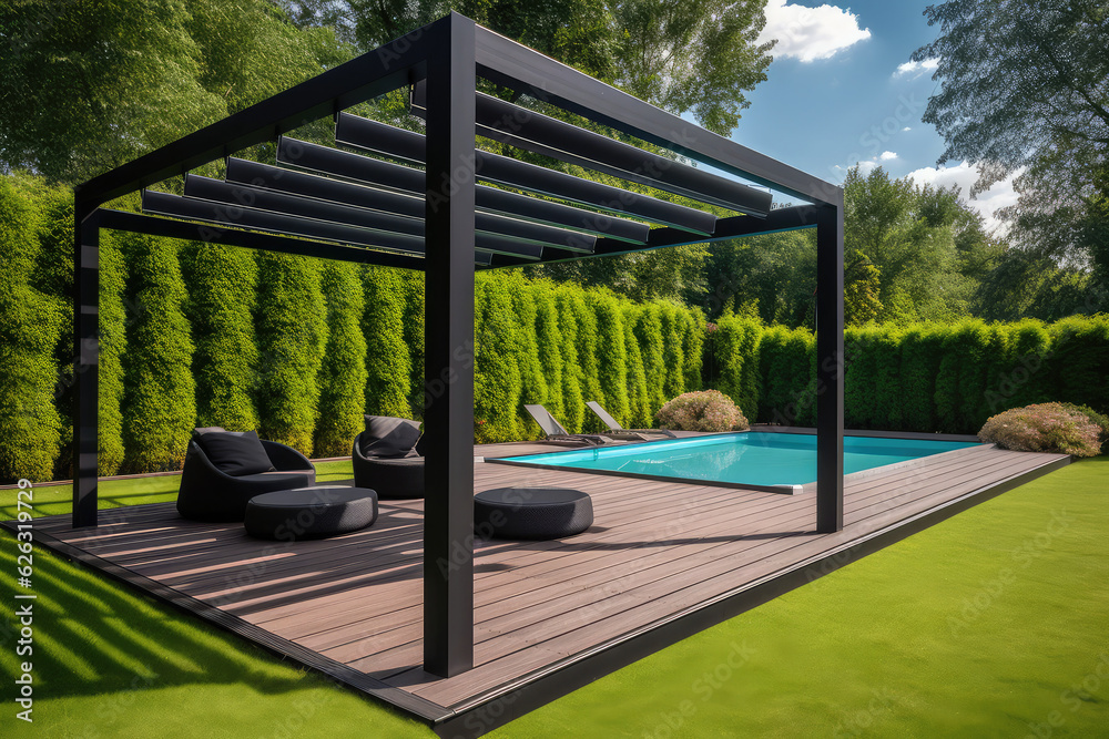 Modern black bio climatic pergola with top view on an outdoor patio ...