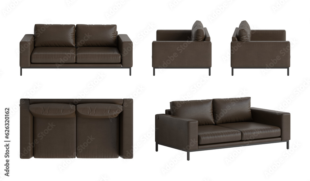 Set of five views of a modern three-seater sofa with a dark brown ...