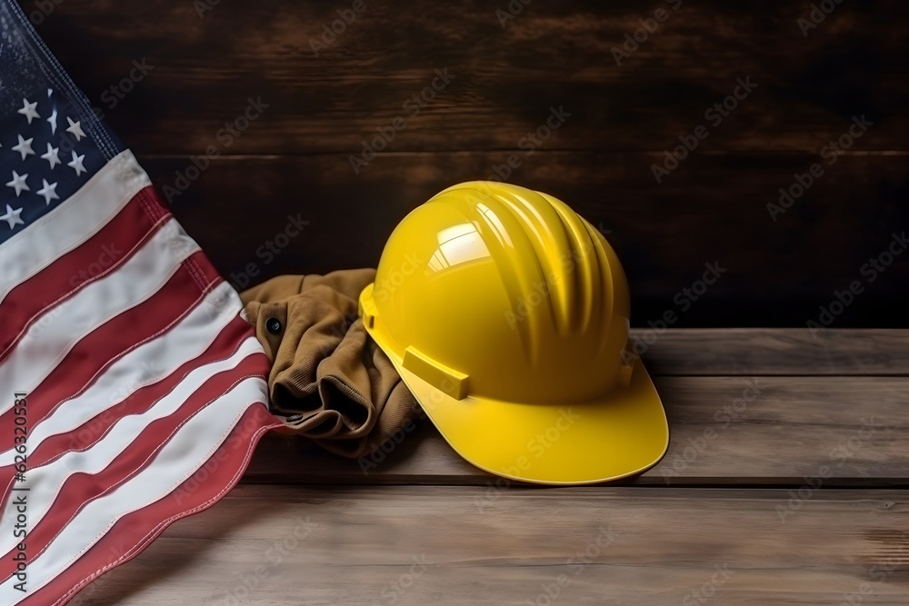 Yellow hard hat aka safety helmet on United States of America national ...