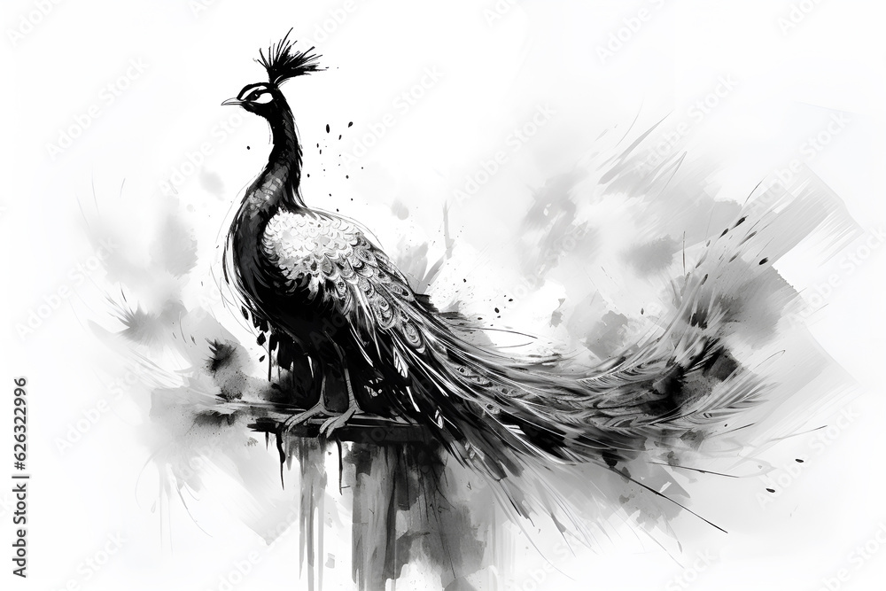 peacock in Chinese brush stroke calligraphy in black and grey drawing ...