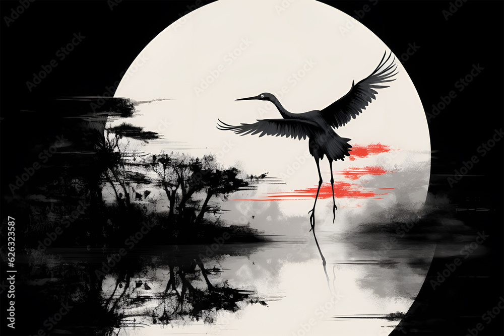 stork illustration in Chinese brush stroke calligraphy in black and ...