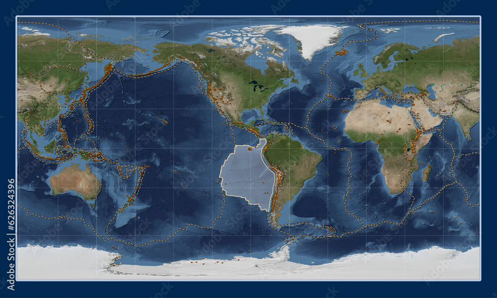 Nazca tectonic plate. Satellite. Patterson Cylindrical. Volcanoes and ...