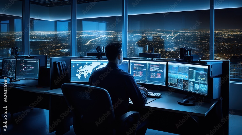 Network operations center ( NOC) with technicians monitoring network traffic, troubleshooting ...