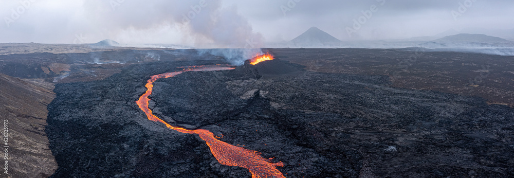 Aerial Panoramic view of Volcano Eruption, Litli-Hrútur Hill ...