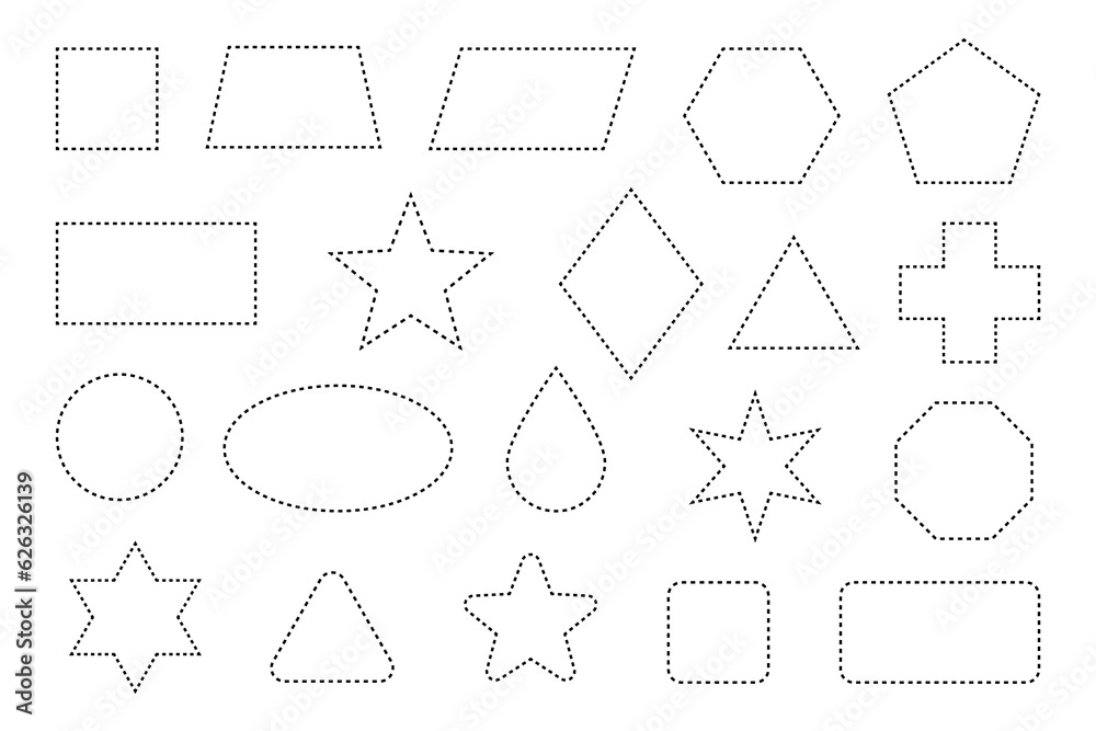Dash line shapes. Dashed outline of circle, square, star, triangle and ...