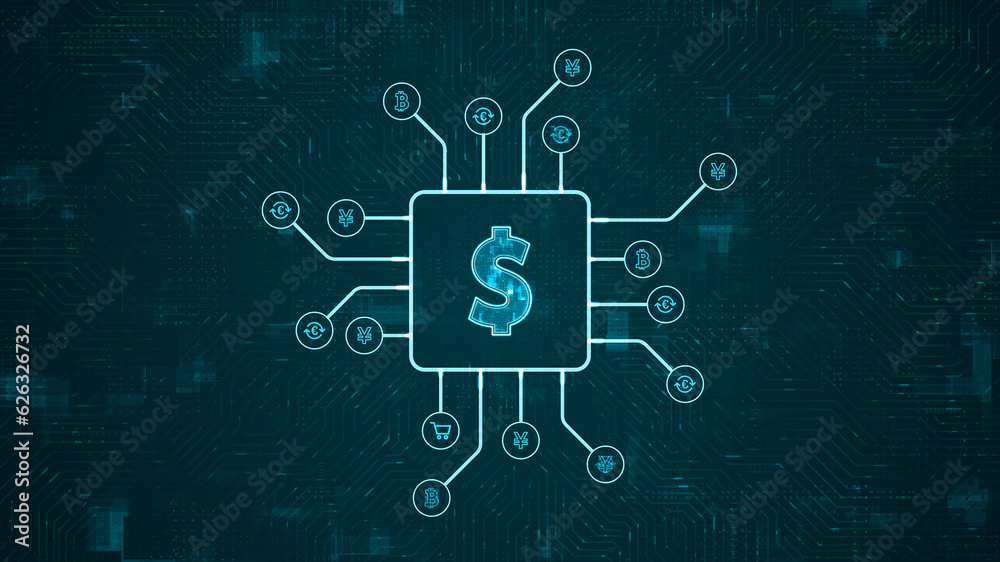 ภาพประกอบสต็อก Blue digital money logo and futuristic HUD technology ...