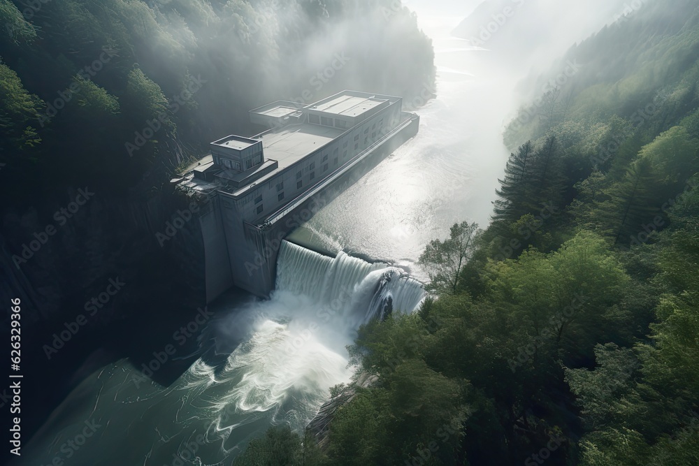 Hydroelectric power plant from an aerial perspective, with the powerful ...