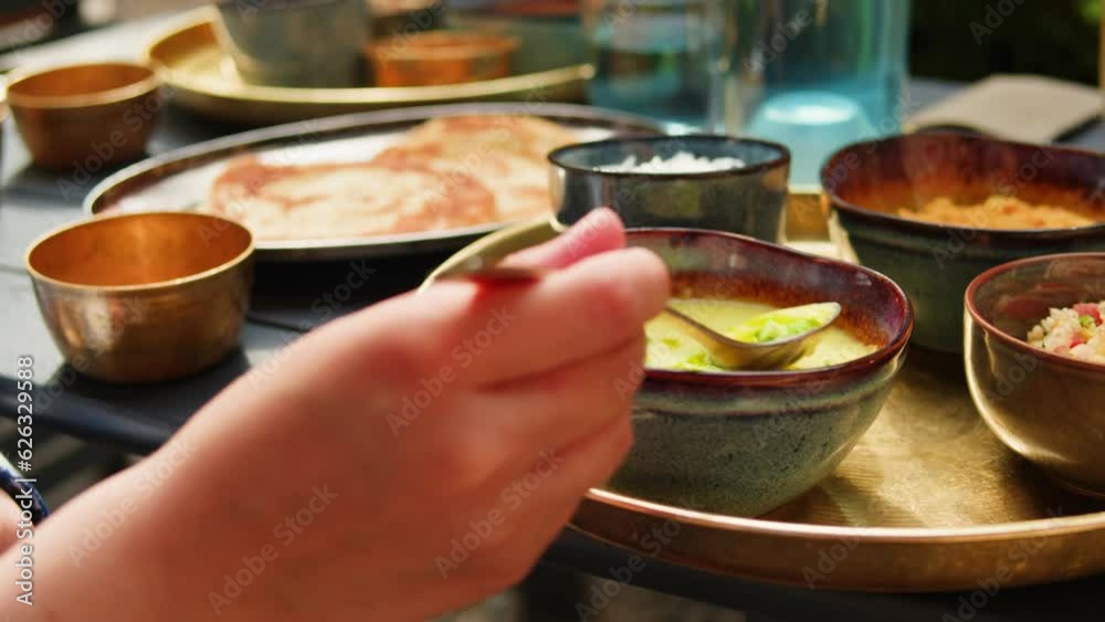Assorted indian Sri Lankan food set on wooden background. Dishes and ...