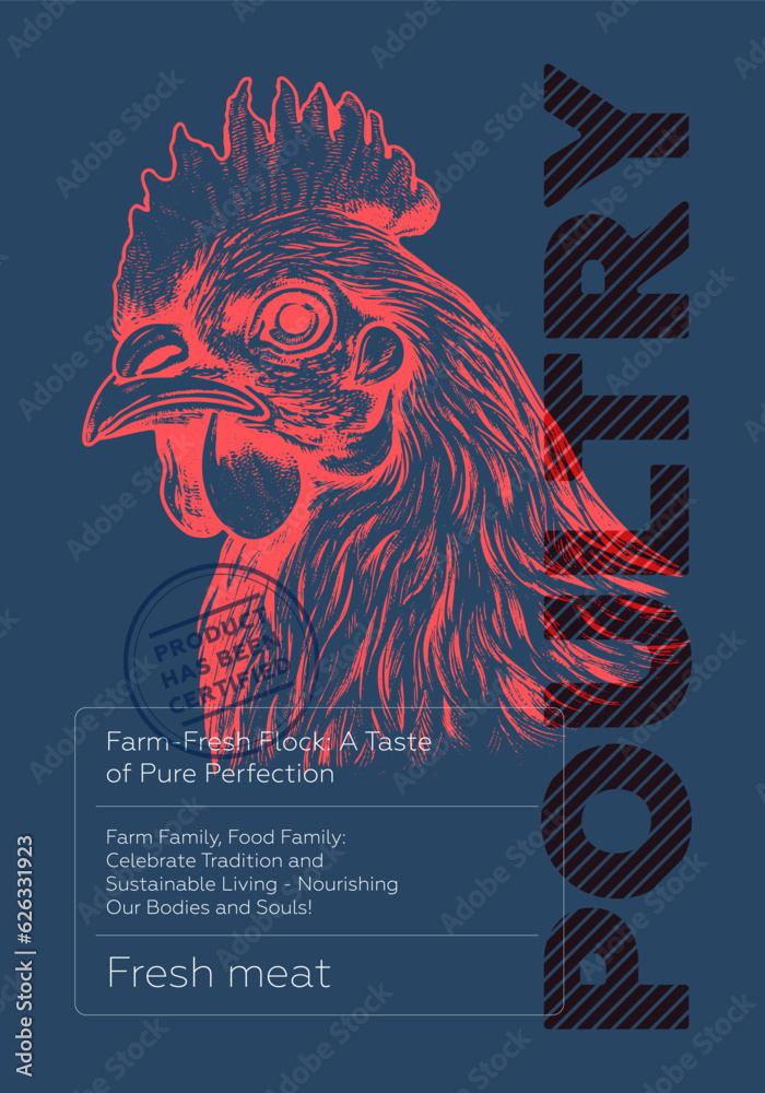 Poultry shop poster. Vintage sketch chicken on colored background ...