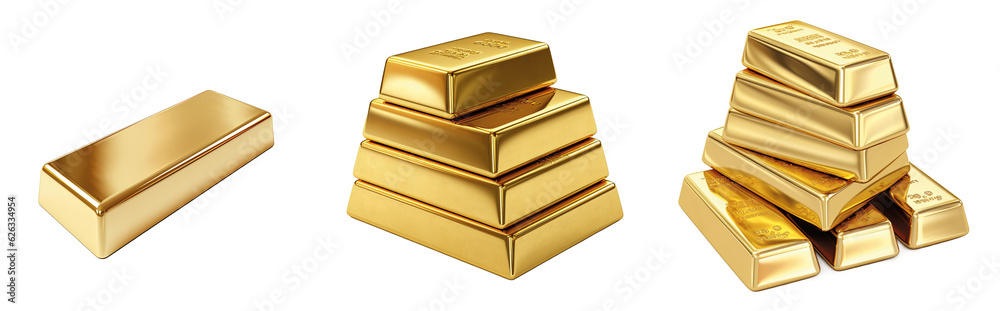 Set of gold bars , piles of gold lingots isolated on transparent ...