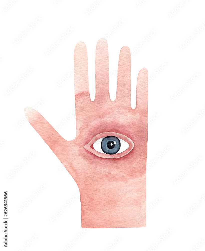 Watercolor illustration of magic human hand with all seeing eye. Hand ...