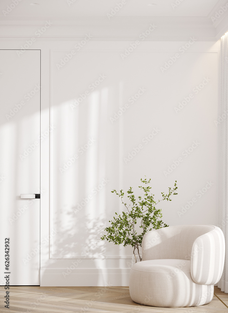 White light room with accents. Creamy milky cozy armchairs. Trendy ...