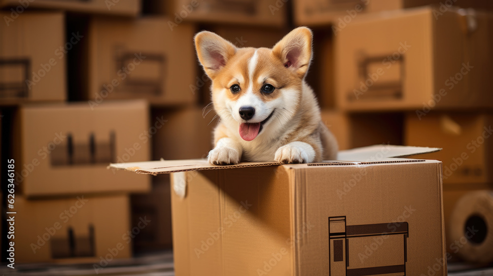 Corgi dog in cardboard boxes for moving. Created with Generative AI ...