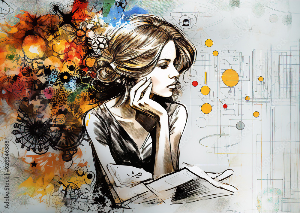 Beautiful young woman thinking. Hand drawing Woman with lots of details ...