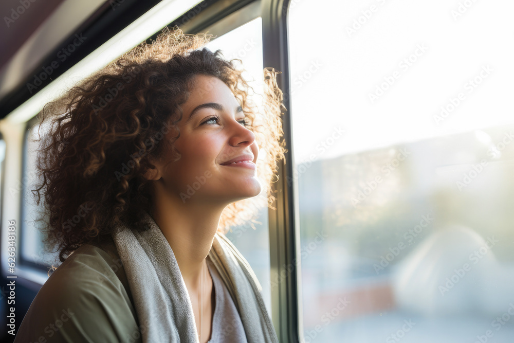 Pensive young woman, happily gazing out the window during her morning ...