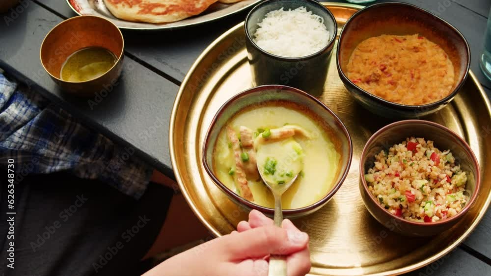 Assorted indian Sri Lankan food set on wooden background. Dishes and ...