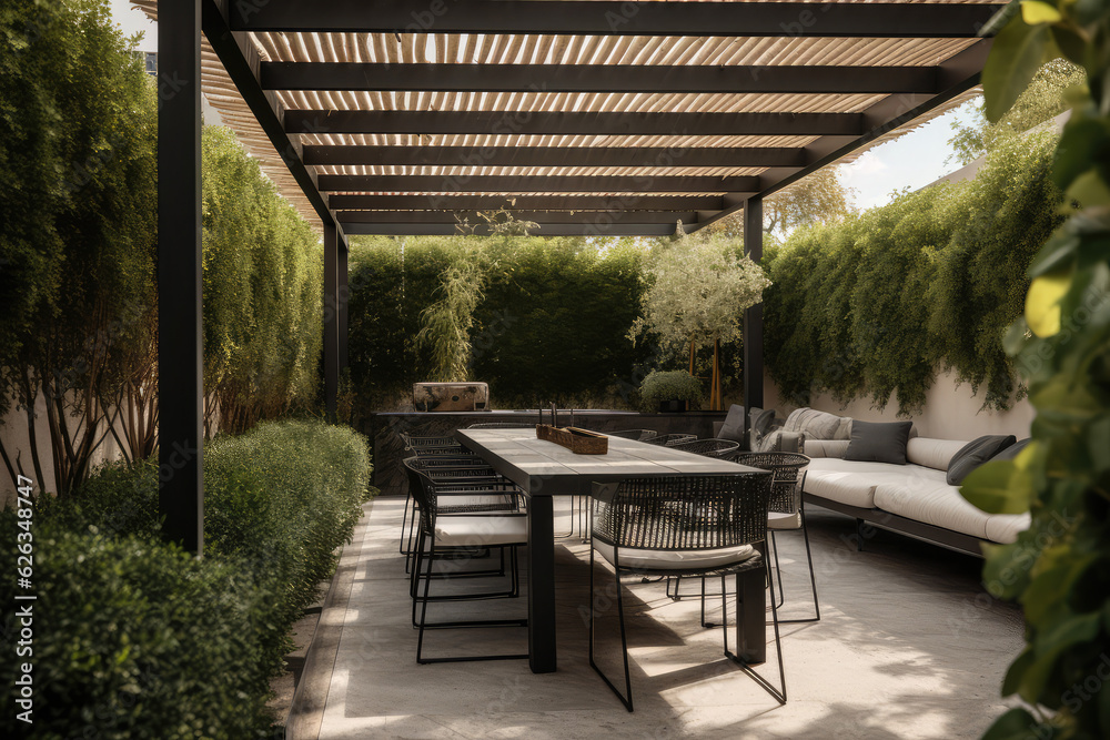Modern black bio climatic pergola with top view on an outdoor patio ...
