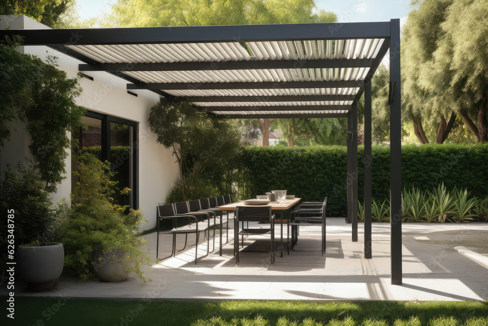 Modern black bio climatic pergola with top view on an outdoor patio ...