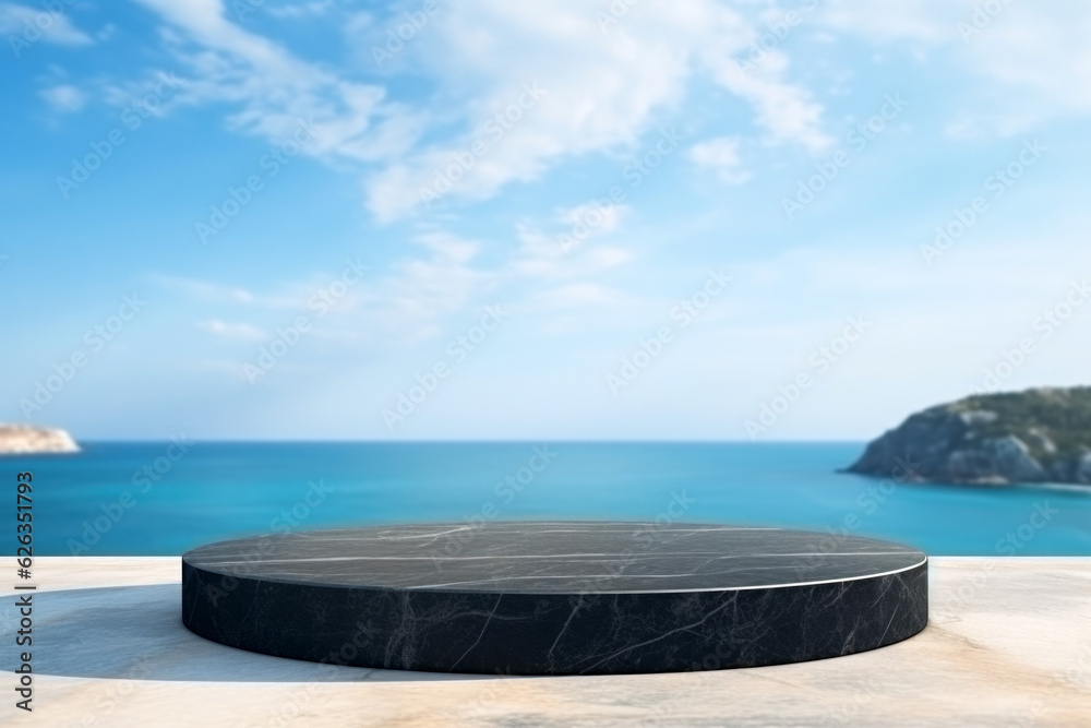 Empty round black podium on stone platform with sea island and blue sky ...
