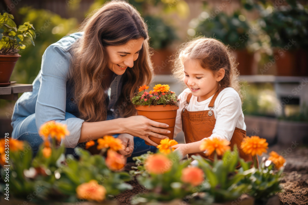 Mother and young daughter gardening together, bonding while planting ...
