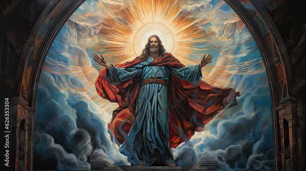 Stained glass window of Jesus, Jesus in heaven, God's light, Generative ...