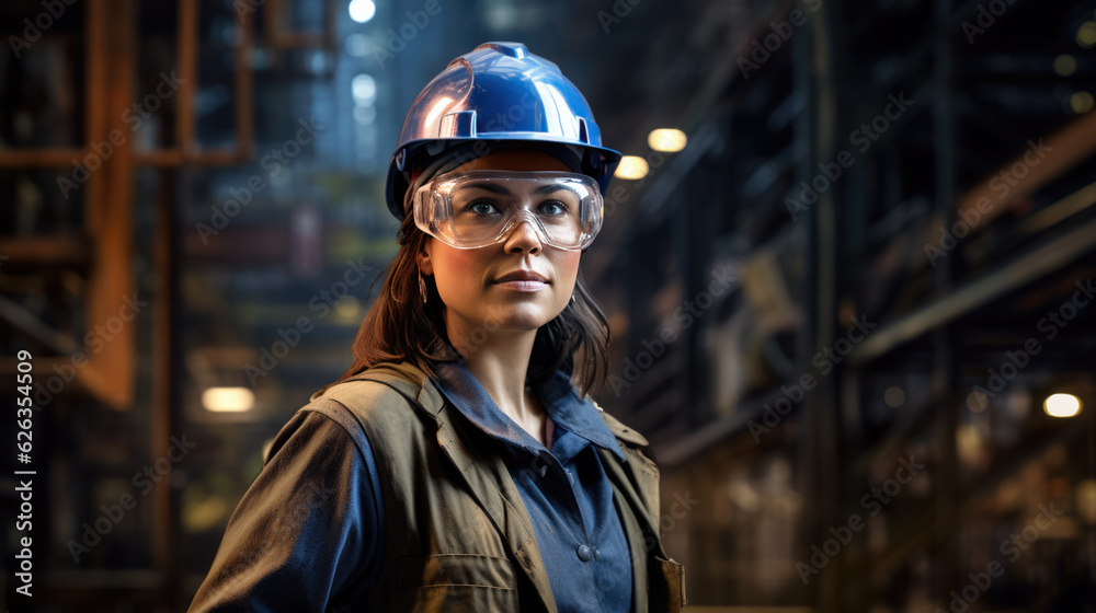Female Factory worker wearing a safety helmet in the background of a ...