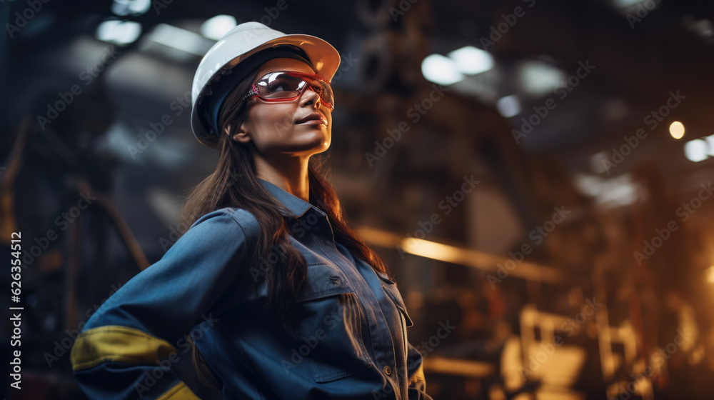 Female Factory worker wearing a safety helmet in the background of a ...