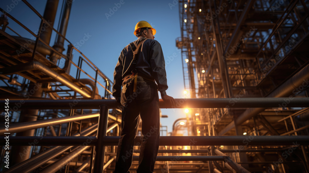 Factory worker wearing a safety helmet in the background of a factory ...
