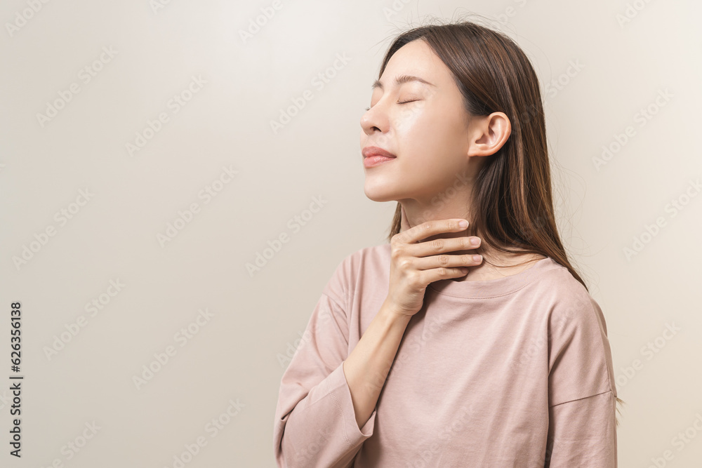 Sickness in inflaming asian young woman, girl use hand check self touch ...