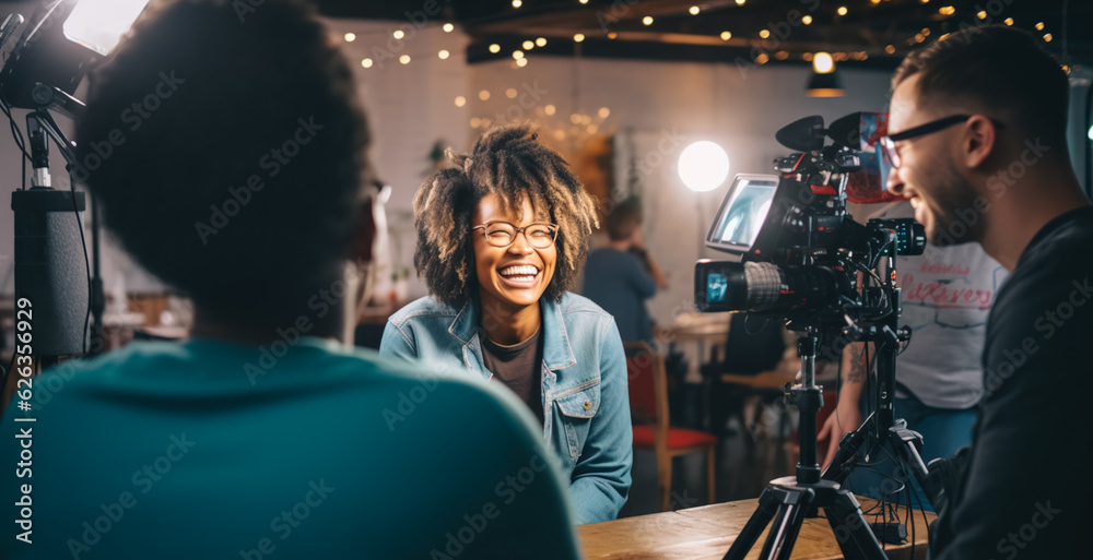 Filming interview. Behind the scene concept. Cameraman working on ...