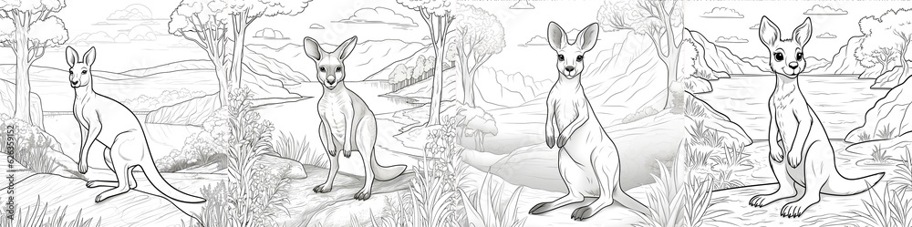 Kangaroo coloring book with lush background Cartoon style design with ...
