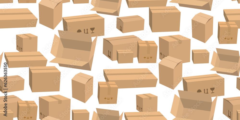 Cardboard closed brown box with scotch tape and labels seamless pattern ...
