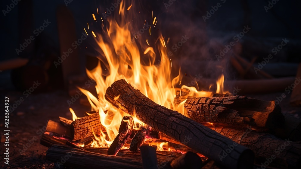 Burning firewood in the night. Bonfire. Atmospheric warm background ...