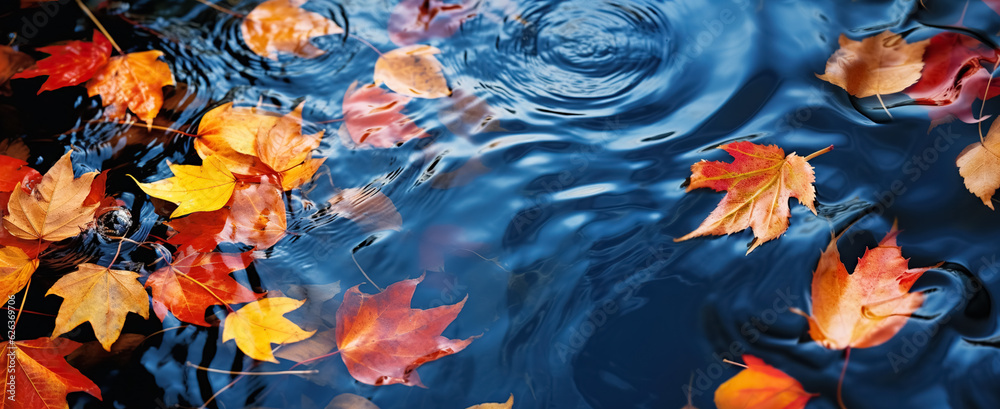 Colorful fall leaves in pond lake water, floating autumn leaf. Fall season leaves in rain puddle ...