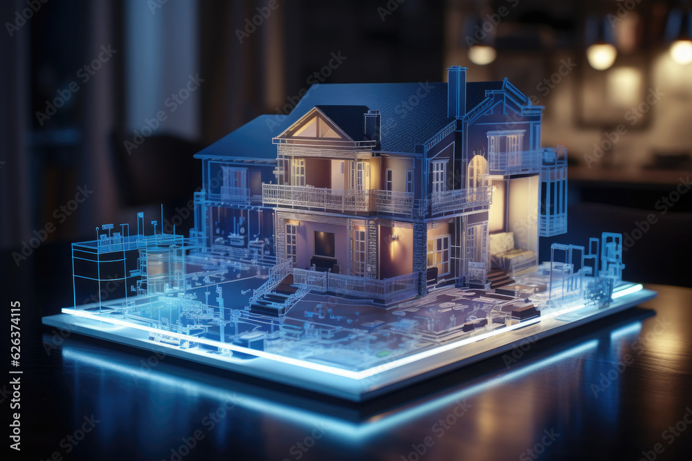Digital project of residential building. House hologram. Virtual ...