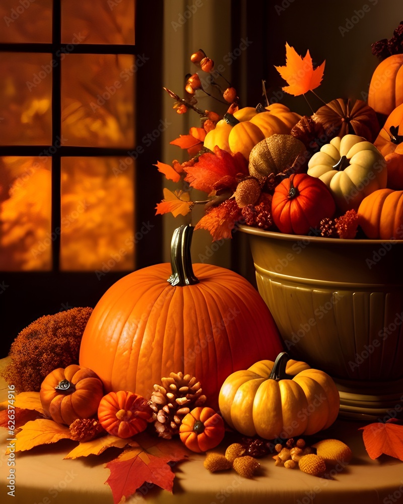 A bountiful cornucopia basket, known as a horn of plenty, full of a ...