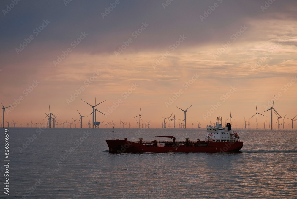 Handy-size tanker underway during calm weather in the North Sea with a ...