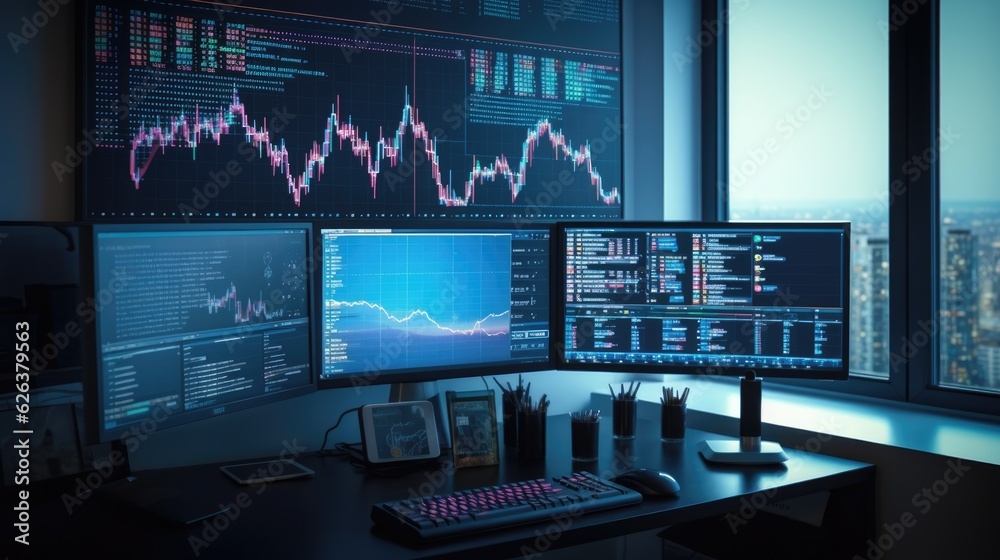 The side view of a multi computer screen displaying multiple financial ...